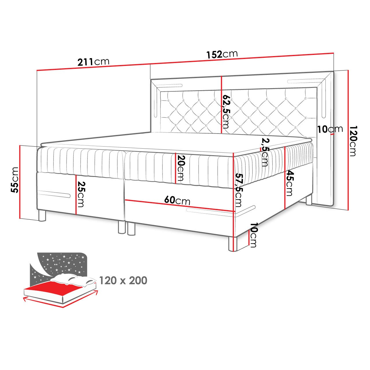Pat boxspring Suhak 5 LED 120x200, Mirjan24, bej - eMAG.ro
