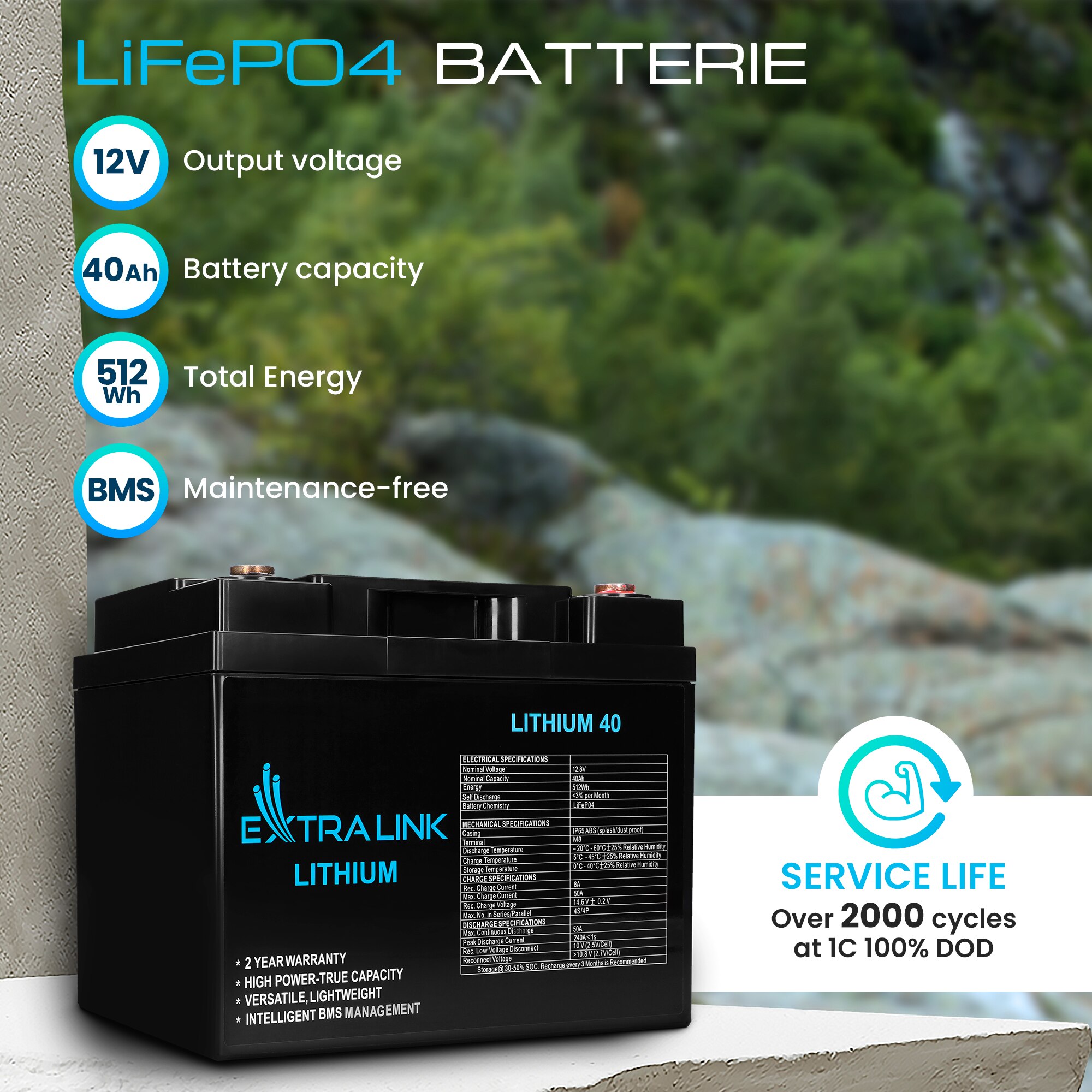 Baterie LiFePO4 pentru UPS, Extralink, 40Ah, 12.8V, BMS, IP65, ABS, M8 ...