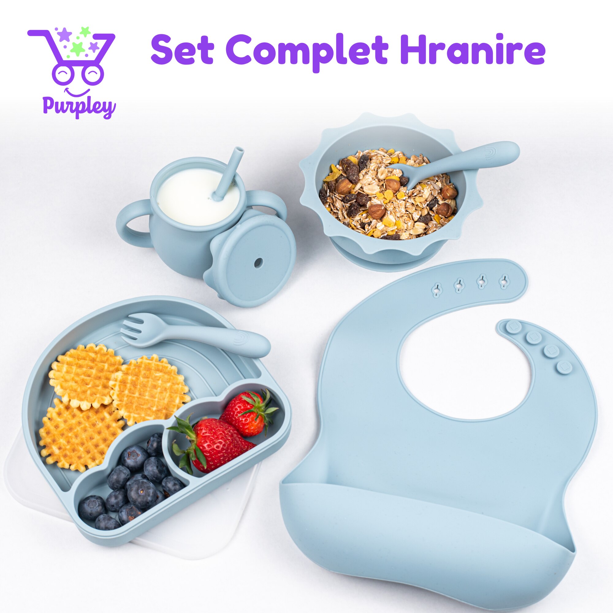 Set hranire bebe complet din silicon, rainbow, Purpley, baveta, farfurie compartimentata, bol cu ...