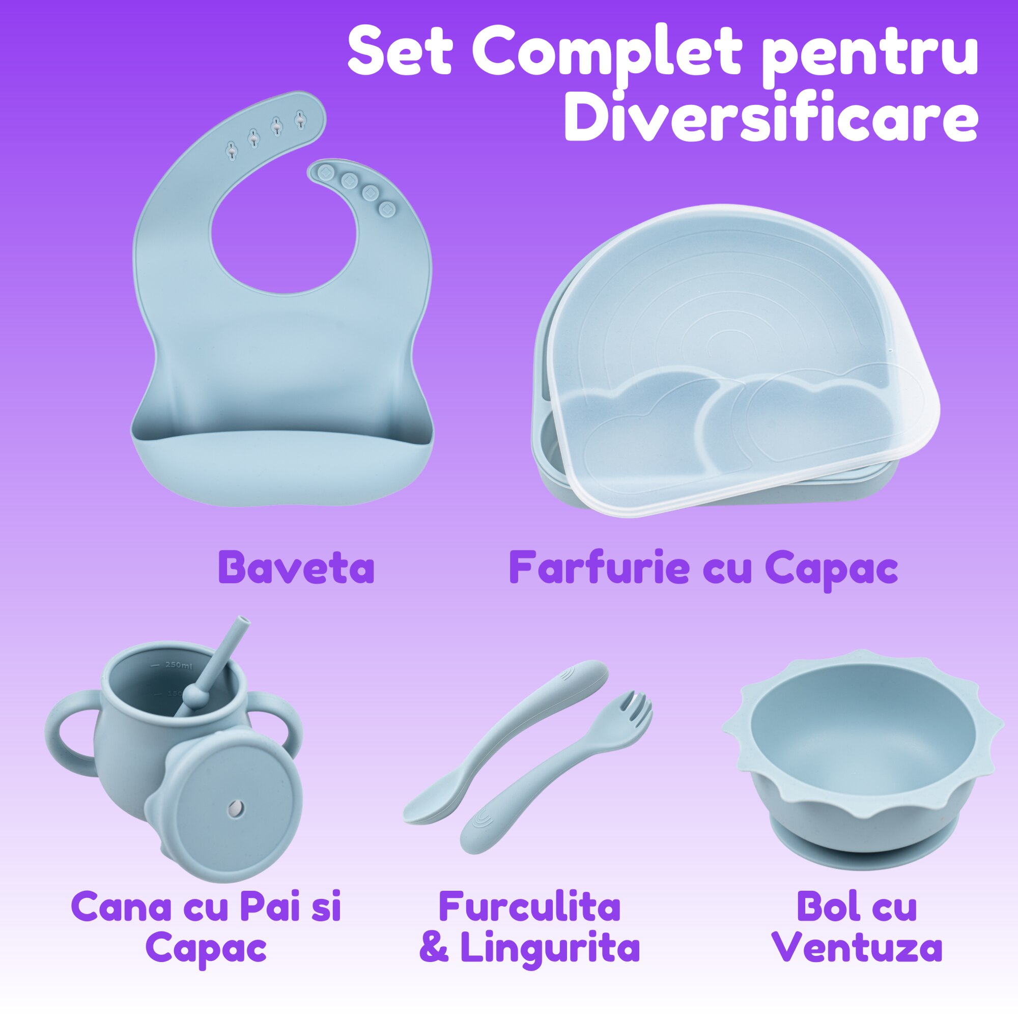 Set hranire bebe complet din silicon, rainbow, Purpley, baveta, farfurie compartimentata, bol cu ...