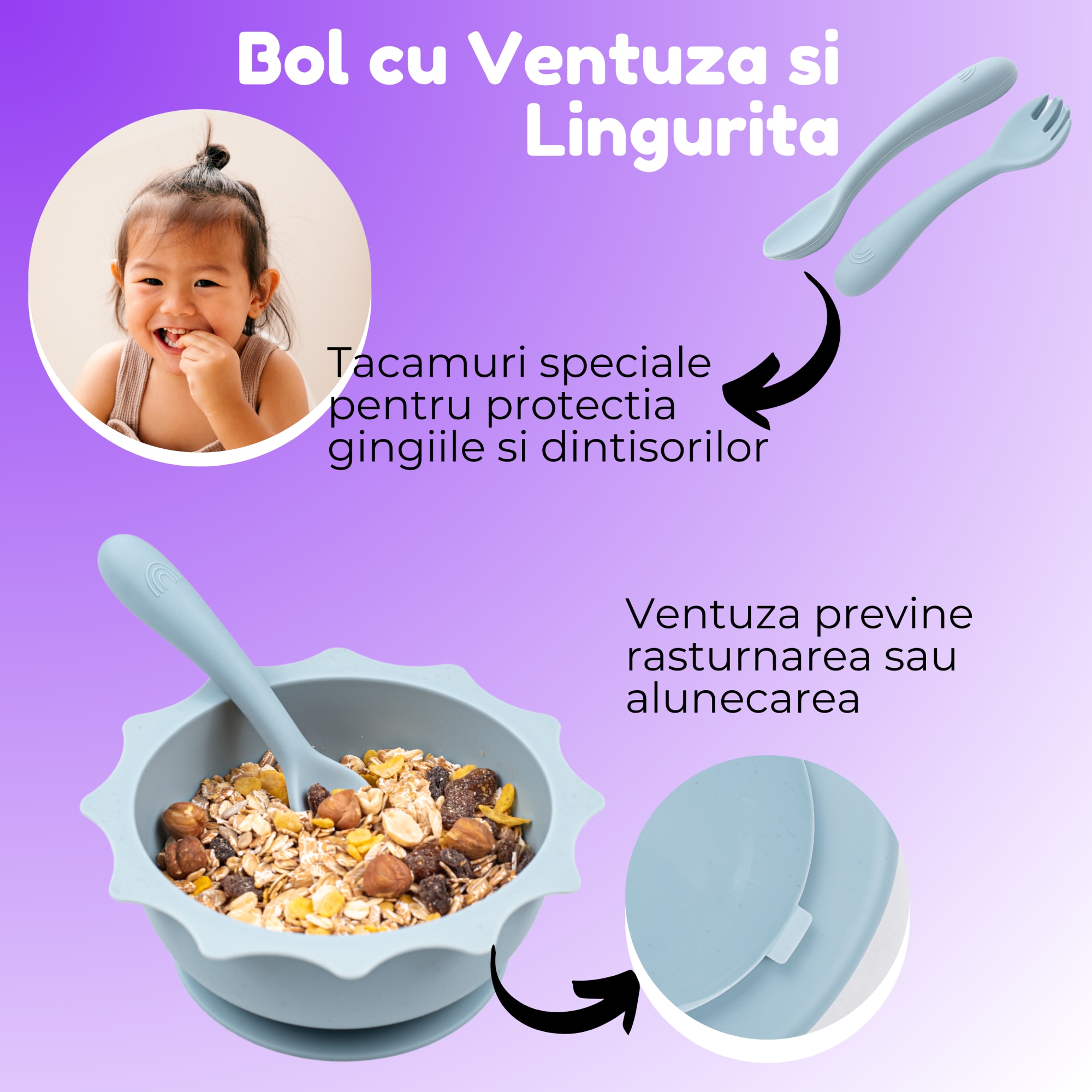 Set hranire bebe complet din silicon, rainbow, Purpley, baveta, farfurie compartimentata, bol cu ...