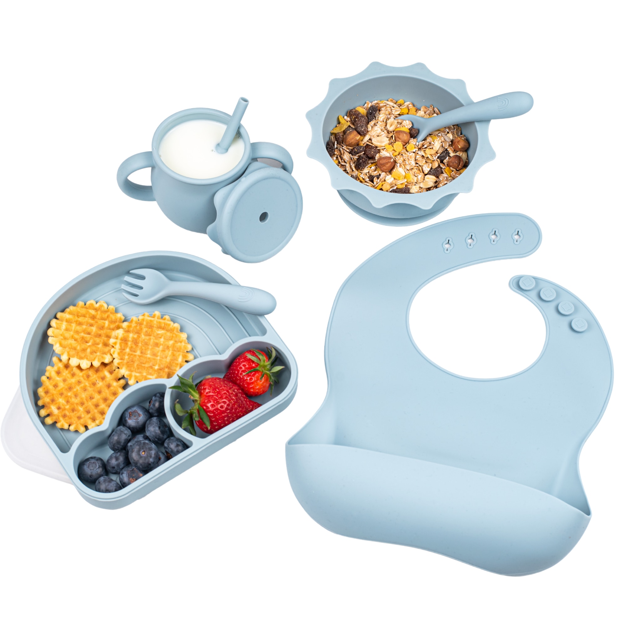 Set hranire bebe complet din silicon, rainbow, Purpley, baveta, farfurie compartimentata, bol cu ...