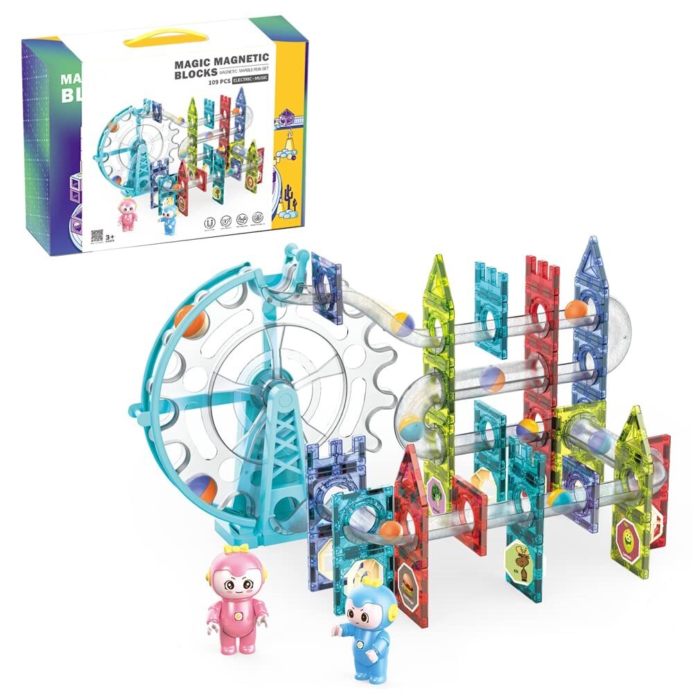 Set de Constructie Ferris Magic Magnets, Include 109 Piese, Roata Muzicala se Invarte, Magneti ...