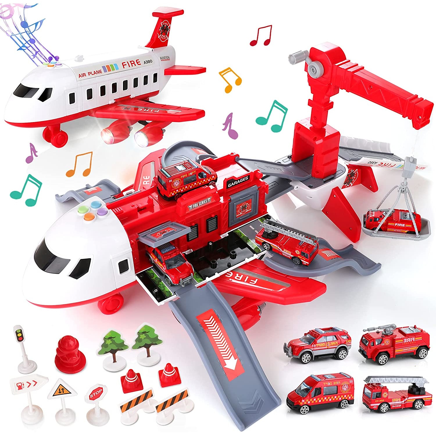 Set Avion Interactiv de Jucarie cu 4 Vehicule, The Fire Station, Efecte Sonore si Luminoase ...
