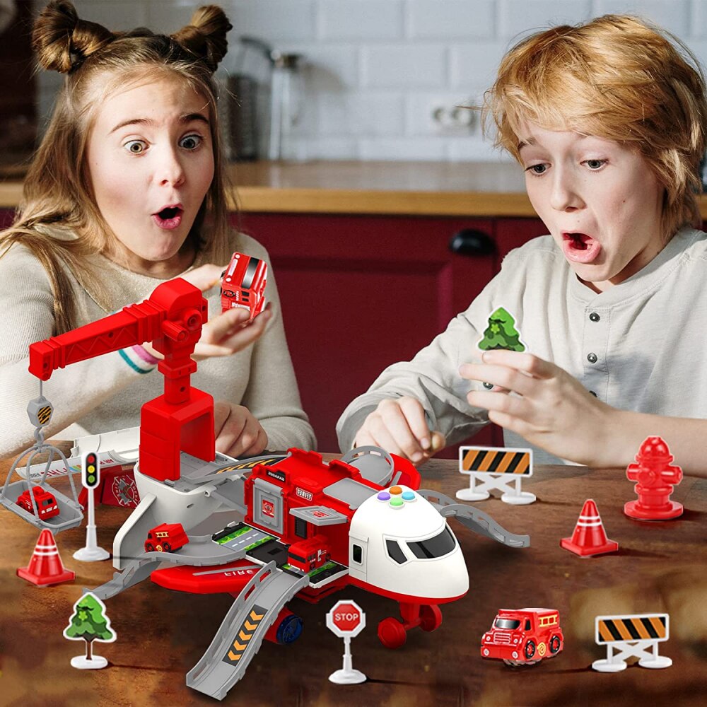 Интерактивна играчка, Комплект самолет с 4 превозни средства, Пожарна ...