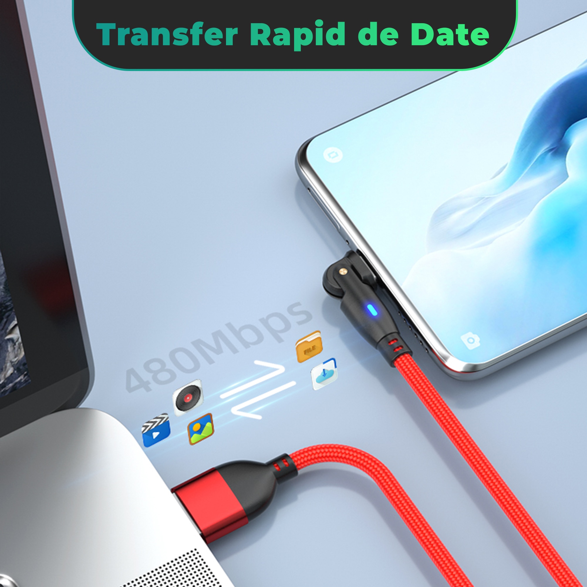 Cablu Date si Incarcare Rapida Timebox, 60W, Rotire 180 grade, QC 3.0 ...