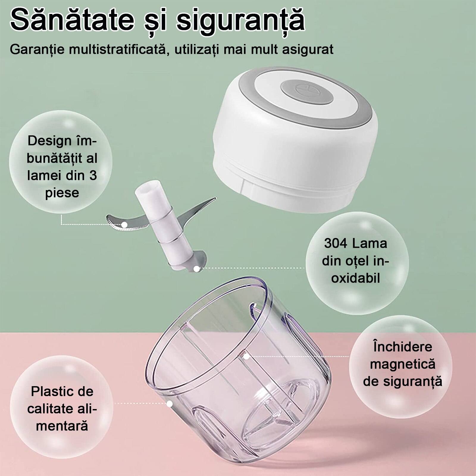 Mini tocator electric, NUOWELL, Capacitate 250ml+100ml, lama cu 3 lame ...