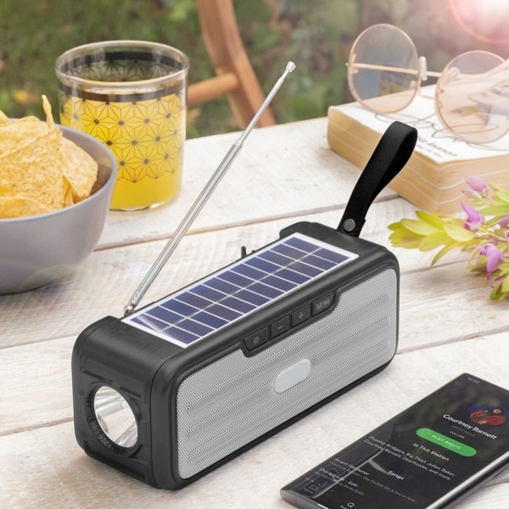 Radio cu panou solar 3-in-1, cu difuzor wireless si lanterna LED ...