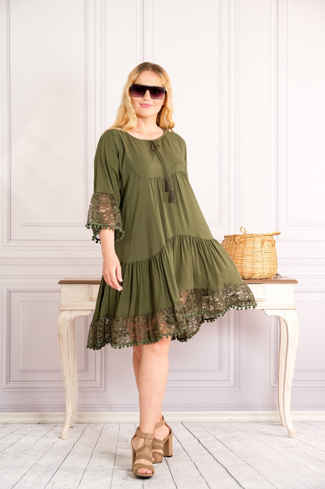 Rochie kaki boho chic cu aplicatie din dantela si volane, Viscoza, One ...