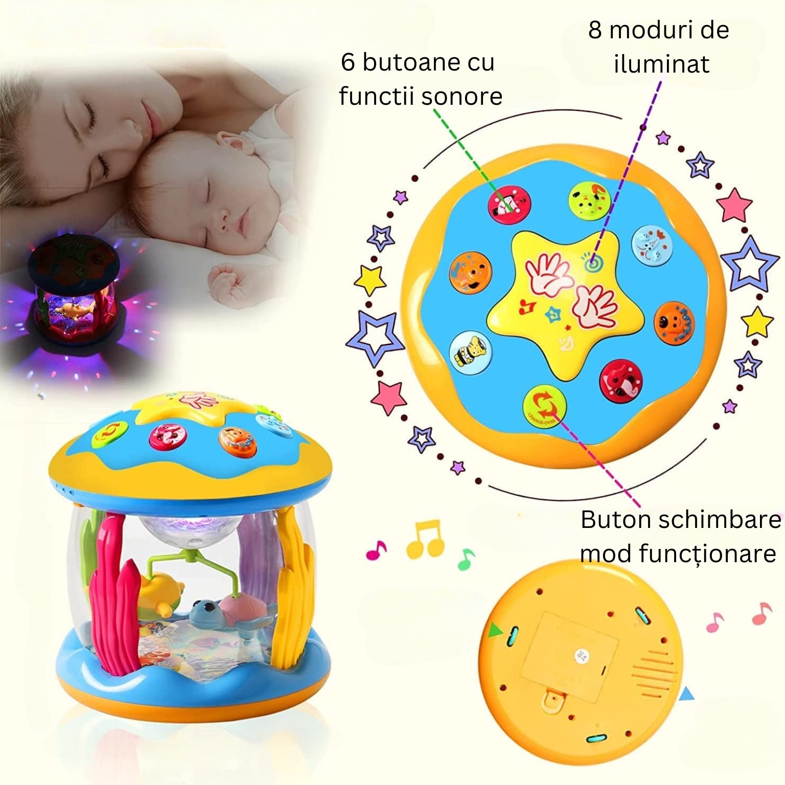 Jucarie Interactiva Bebelusi, Proiector Rotativ, Animale Marine, 8 ...