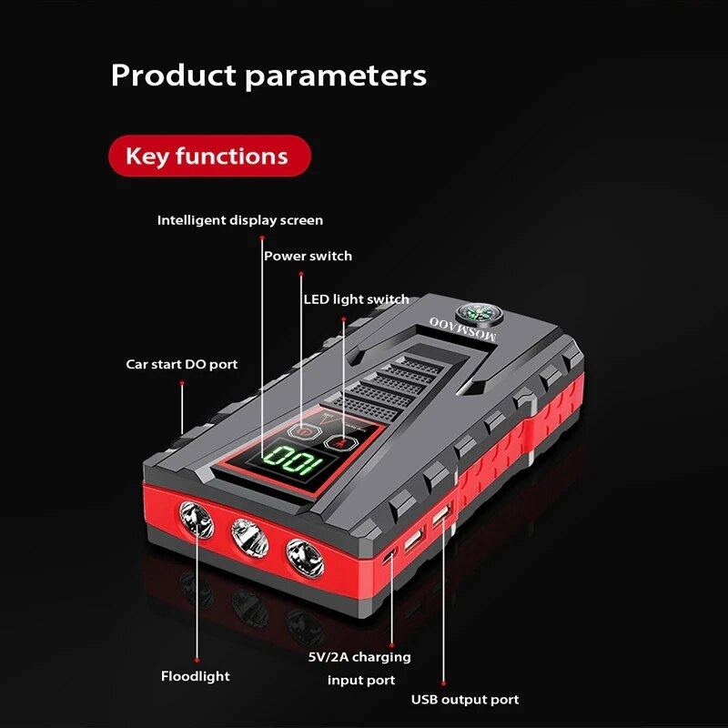 Starter auto portabil, MOSMAOO, Incarcare rapida, lanterna, 3 moduri de ...