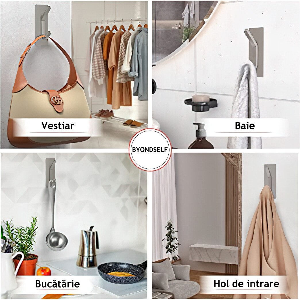 Set 4 Carlige tip cuier baie pentru prosop, BYONDSELF®, inox, montare ...