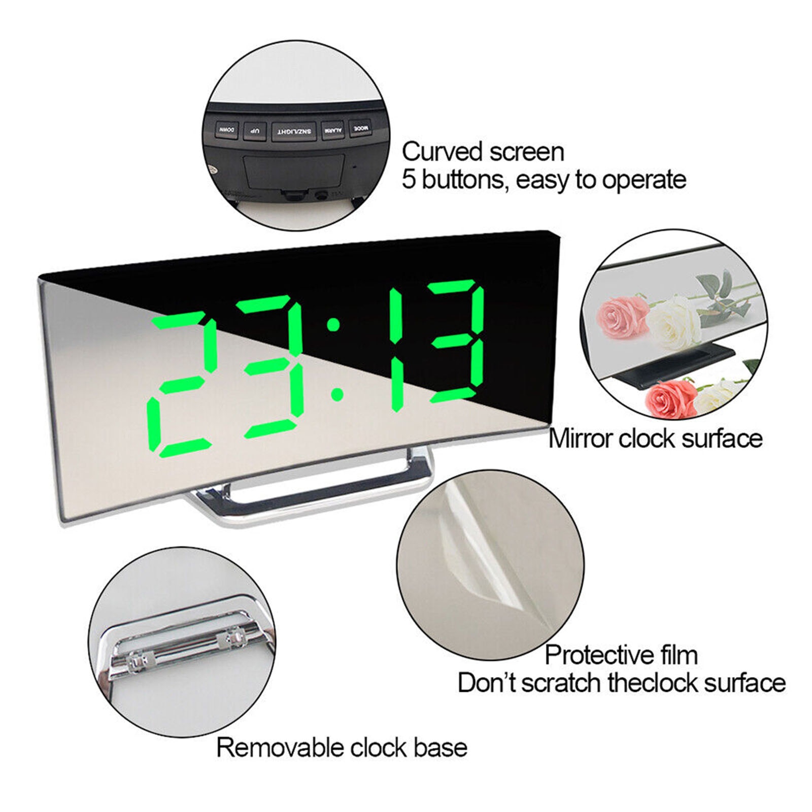 Ceas multifunctional cu LED stil oglinda curbata, Darklove, Cu afisaj ...