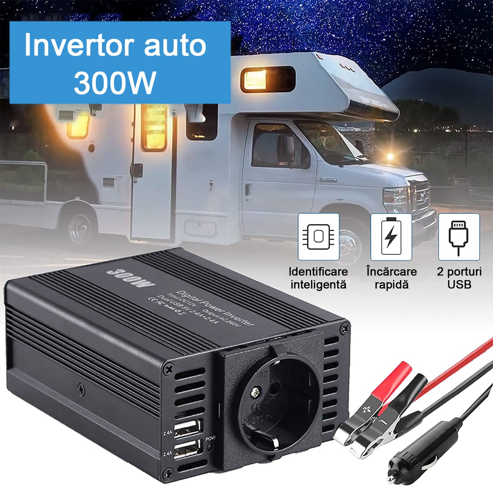 Invertor de tensiune, NUODWELL, 300W, De la 12 V c.c. la 220 V c.a. USB dublu 5V/24A, cu cablu ...