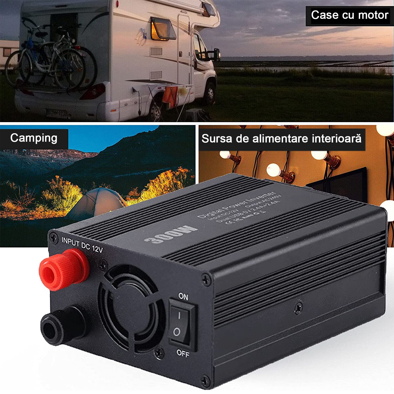 Invertor de tensiune, NUODWELL, 300W, De la 12 V c.c. la 220 V c.a. USB dublu 5V/24A, cu cablu ...