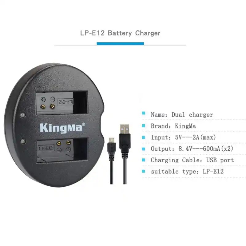 Зарядно за батерия LP-E12, KingMa, USB Dual за Canon EOS M, EOS M10 ...