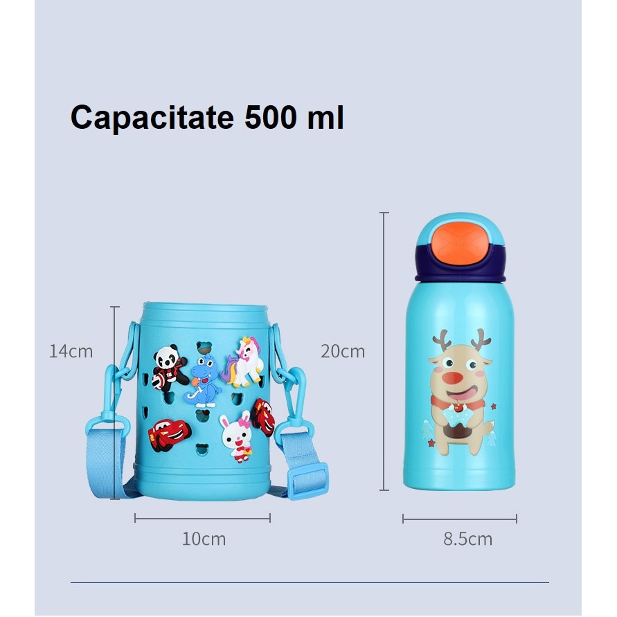 Termos cu husa pentru copii AxaCube®, cu pai si cana, 500 ml, interior ...