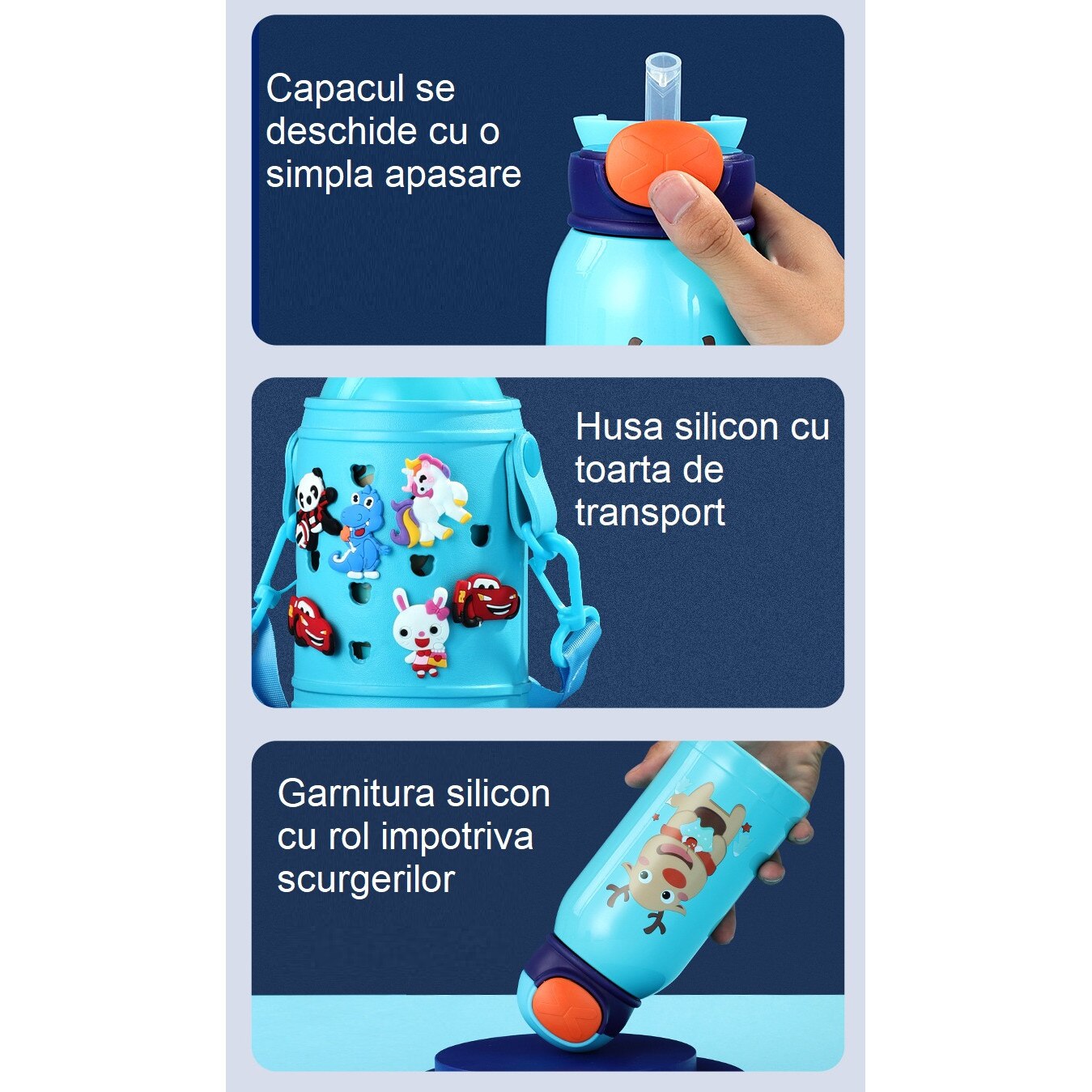 Termos cu husa pentru copii AxaCube®, cu pai si cana, 500 ml, interior ...