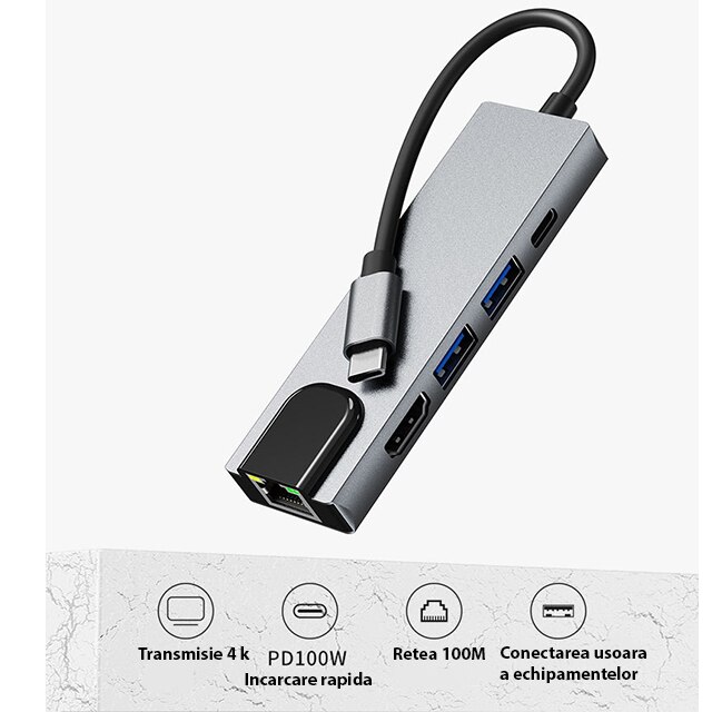 Adaptor Hub 5 in 1 cu Mufa de intrare Type-C, 1 HDMI 4k/30HZ, 1 Port ...