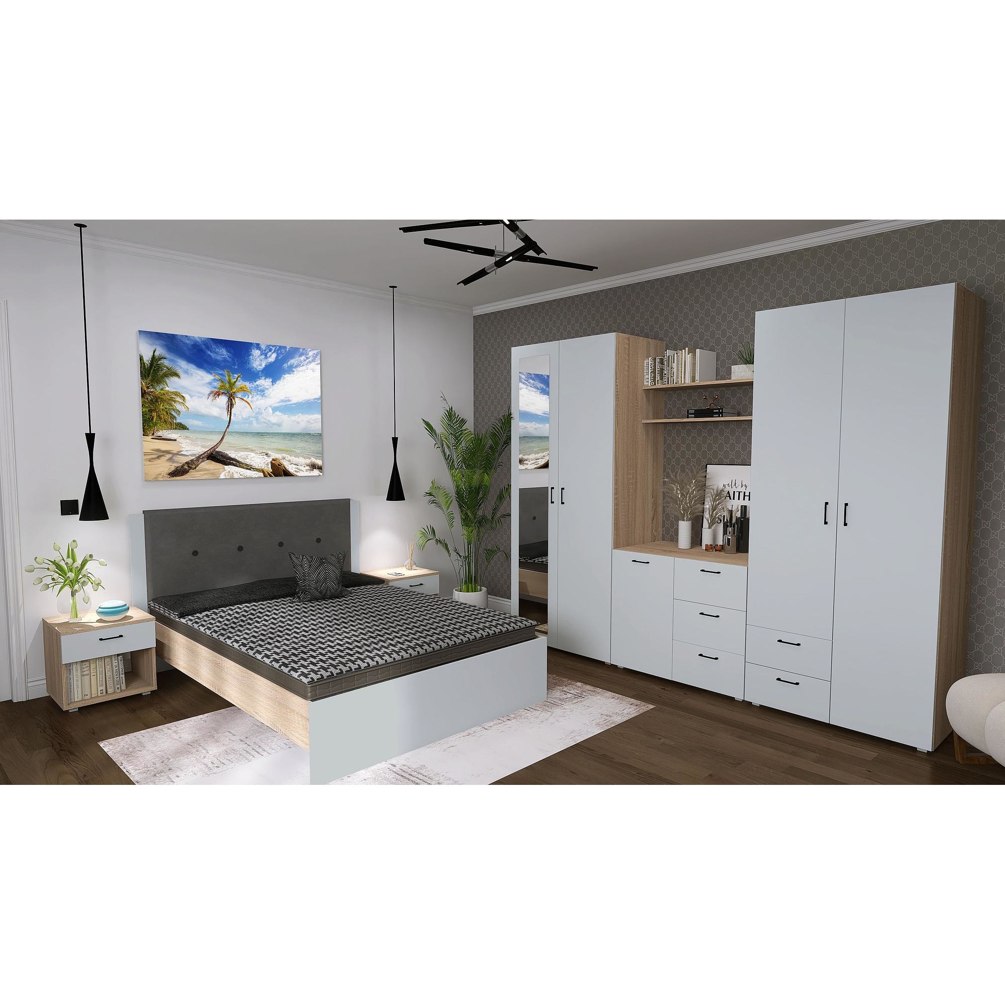 Set Dormitor JUMBO 22, pat 160x200, noptiere, 2 dulapuri, comoda cu ...