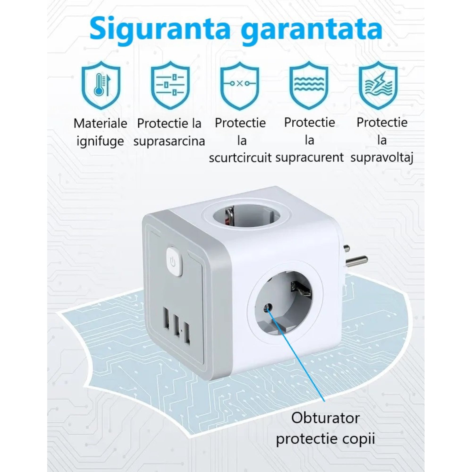 Stecher cu 4 prize si 3 porturi USB-A INNOVIO®, Putere mare 4000W/16A ...
