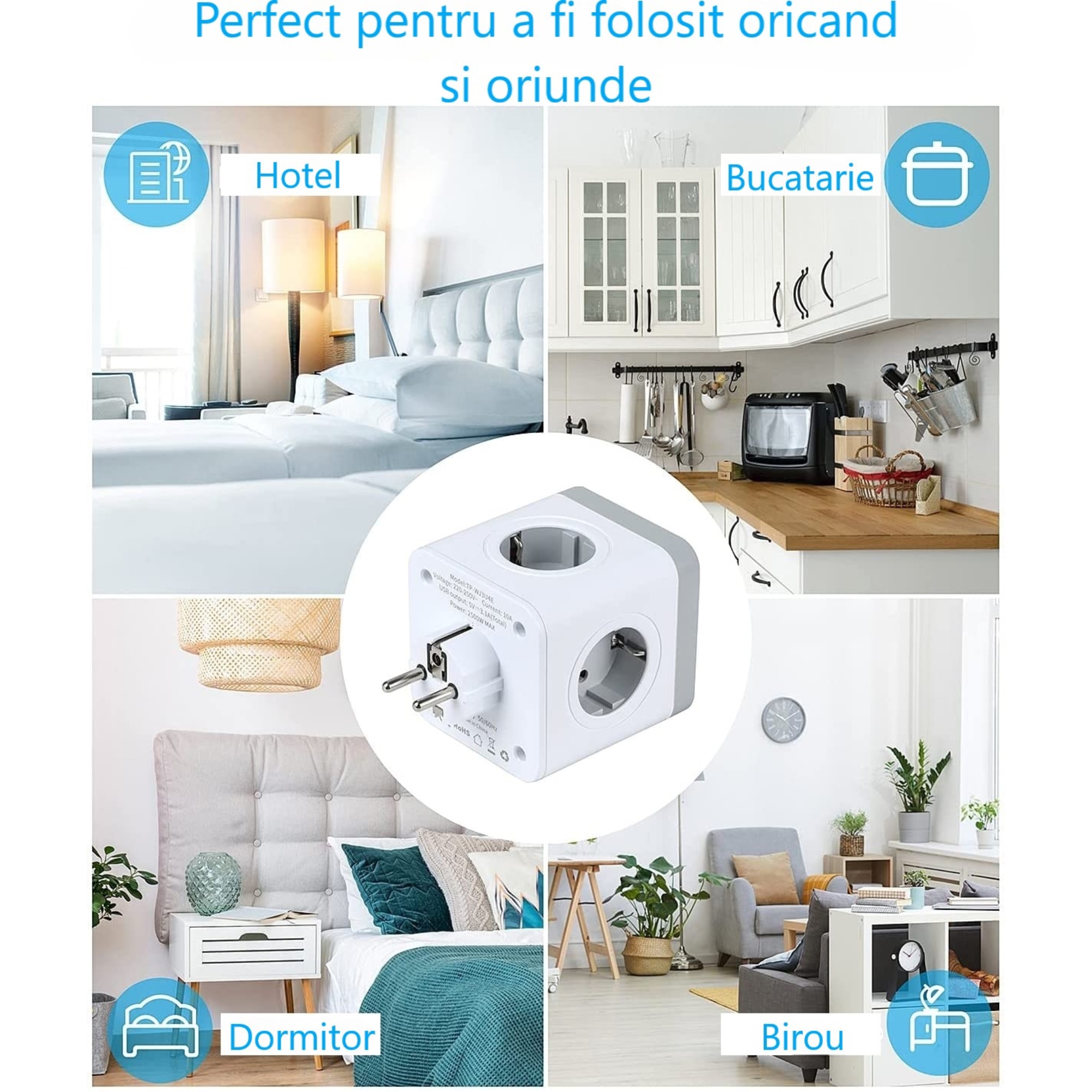 Stecher cu 4 prize si 3 porturi USB-A INNOVIO®, Putere mare 4000W/16A ...