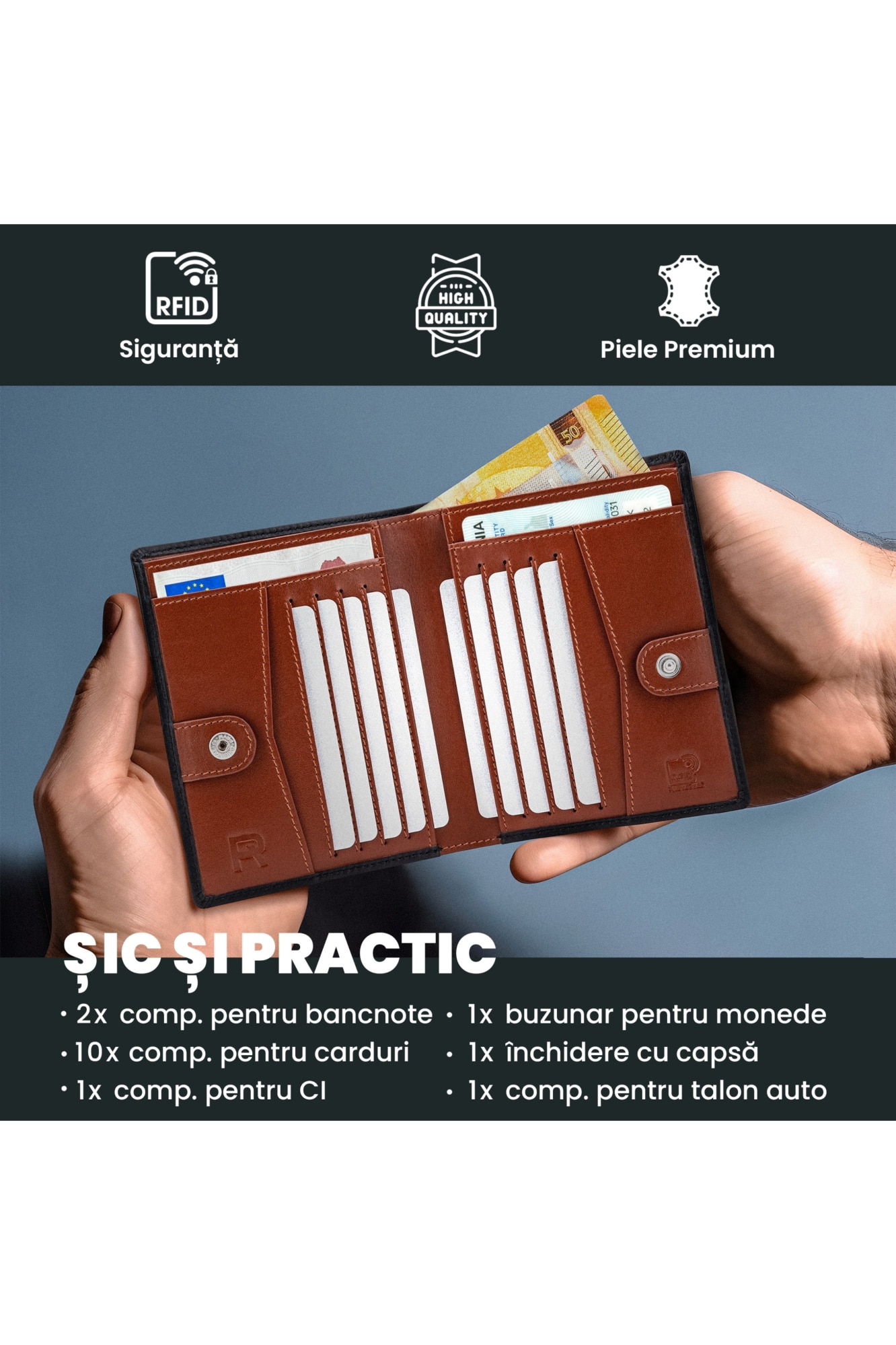 Portofel modern slim vertical barbati, Richhoff, protectie RFID, piele ...