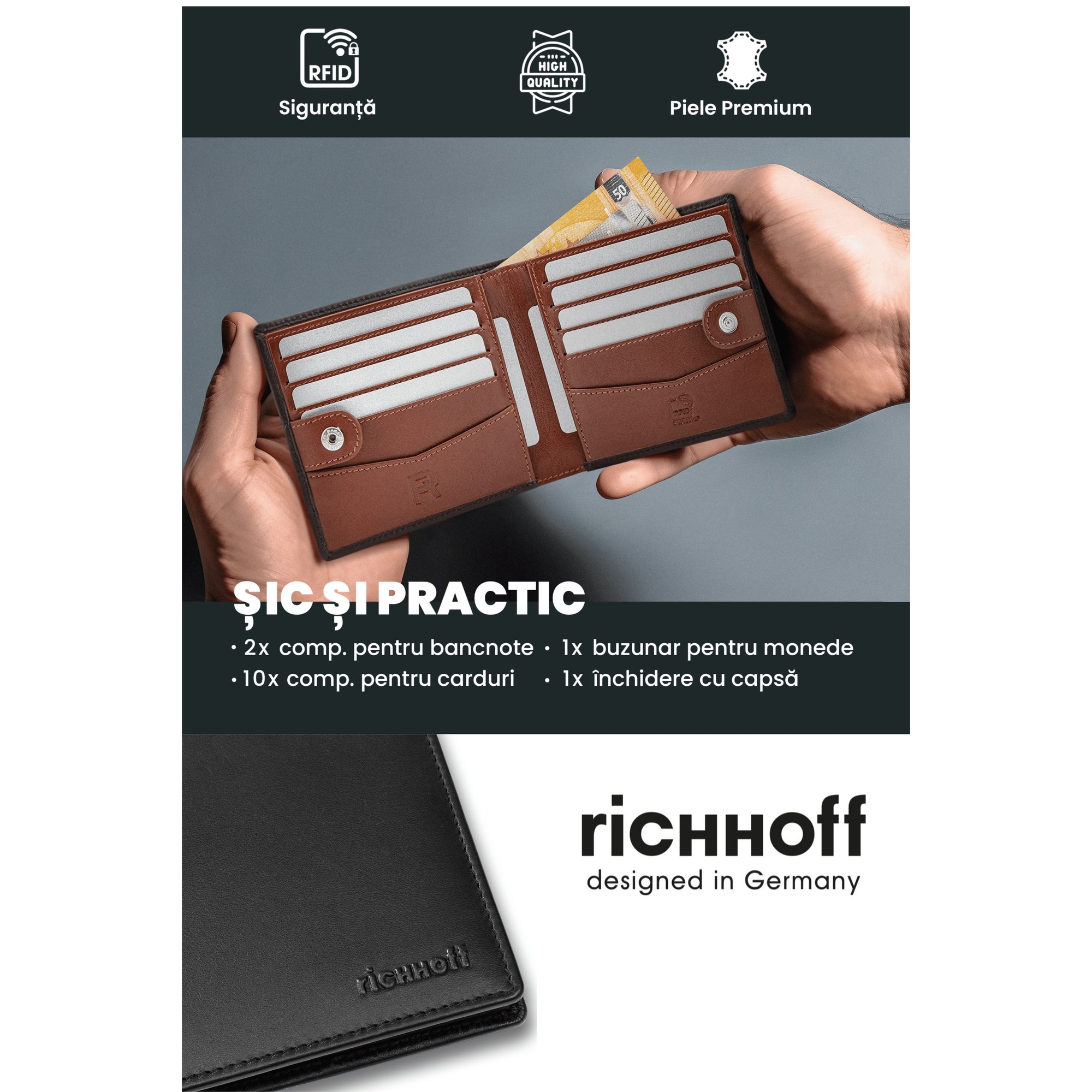 Portofel modern slim clasic barbati, Richhoff, protectie RFID, piele ...