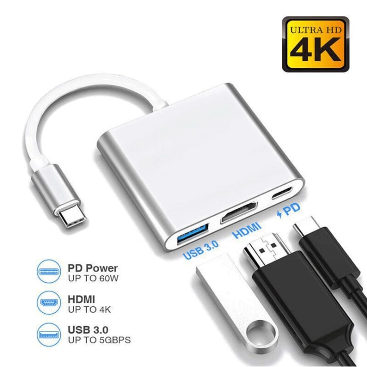 Adaptor HUB 3 in 1 cu Mufa Type-C, 1 Port HDMI 4k/30HZ, 1 Port USB Type ...