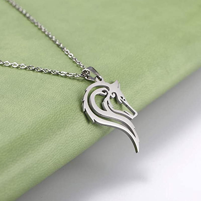 Lant, model lup majestic, pandantiv cap de lup, unisex, argintiu, EFAYN ...