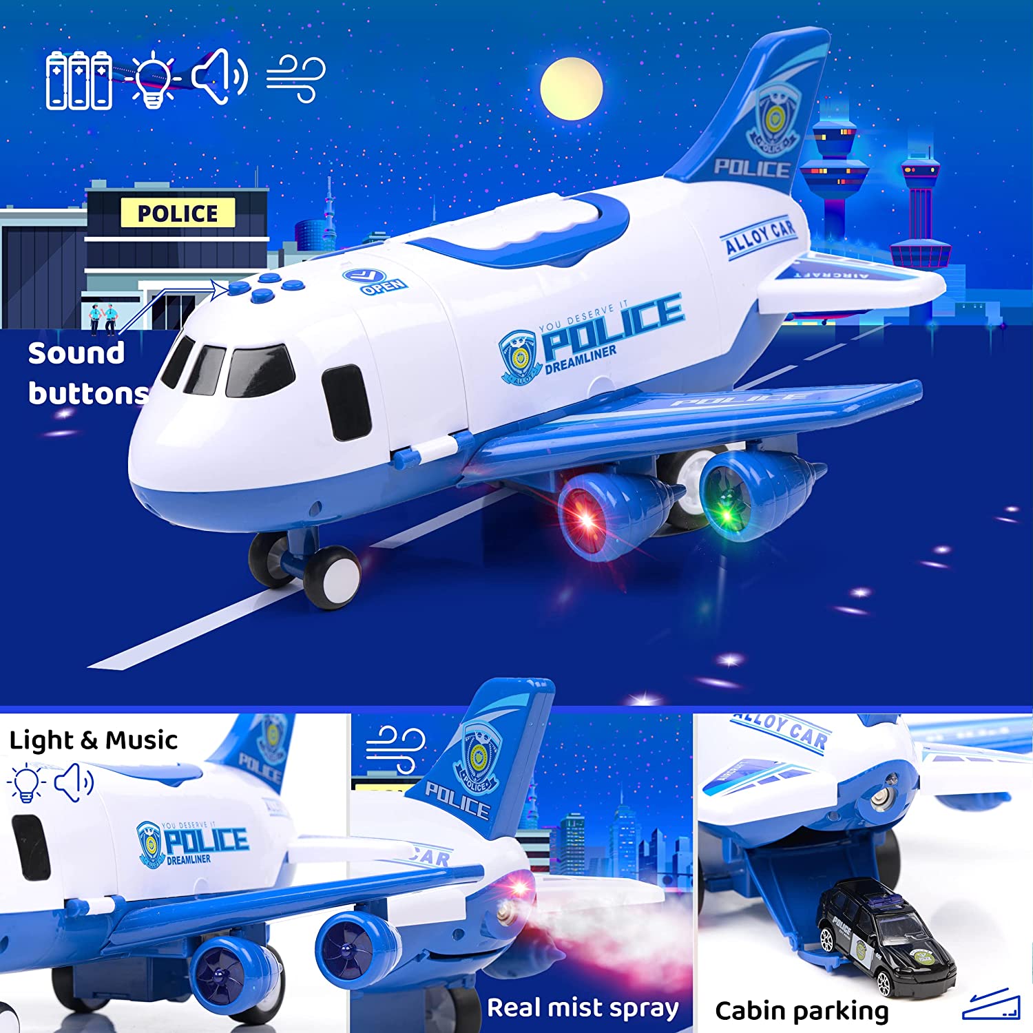 Интерактивна играчка, Самолет с 3 превозни средства, Полицейска ...