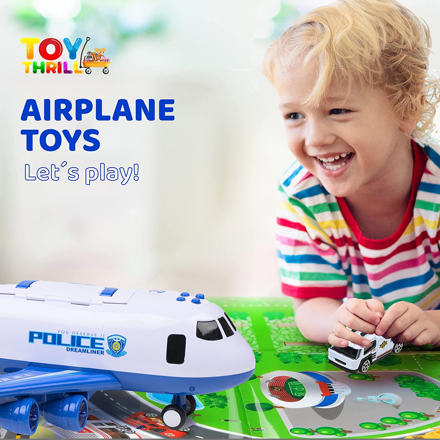 Интерактивна играчка, Самолет с 3 превозни средства, Полицейска ...