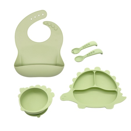 Set hranire bebe complet din silicon, dino, baveta, farfurie compartimentata, bol cu ventuza ...