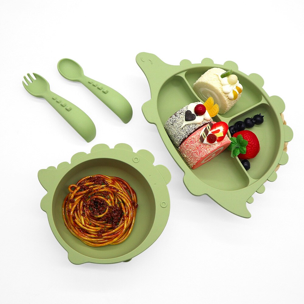 Set hranire bebe complet din silicon, dino, baveta, farfurie compartimentata, bol cu ventuza ...