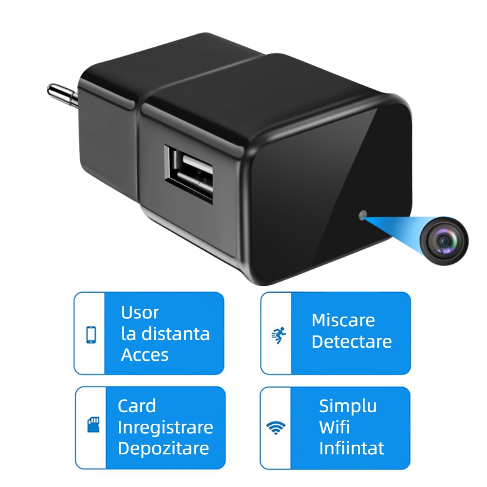 Incarcator USB cu camera spion, Full HD, Sensor de miscare, WiFi ...