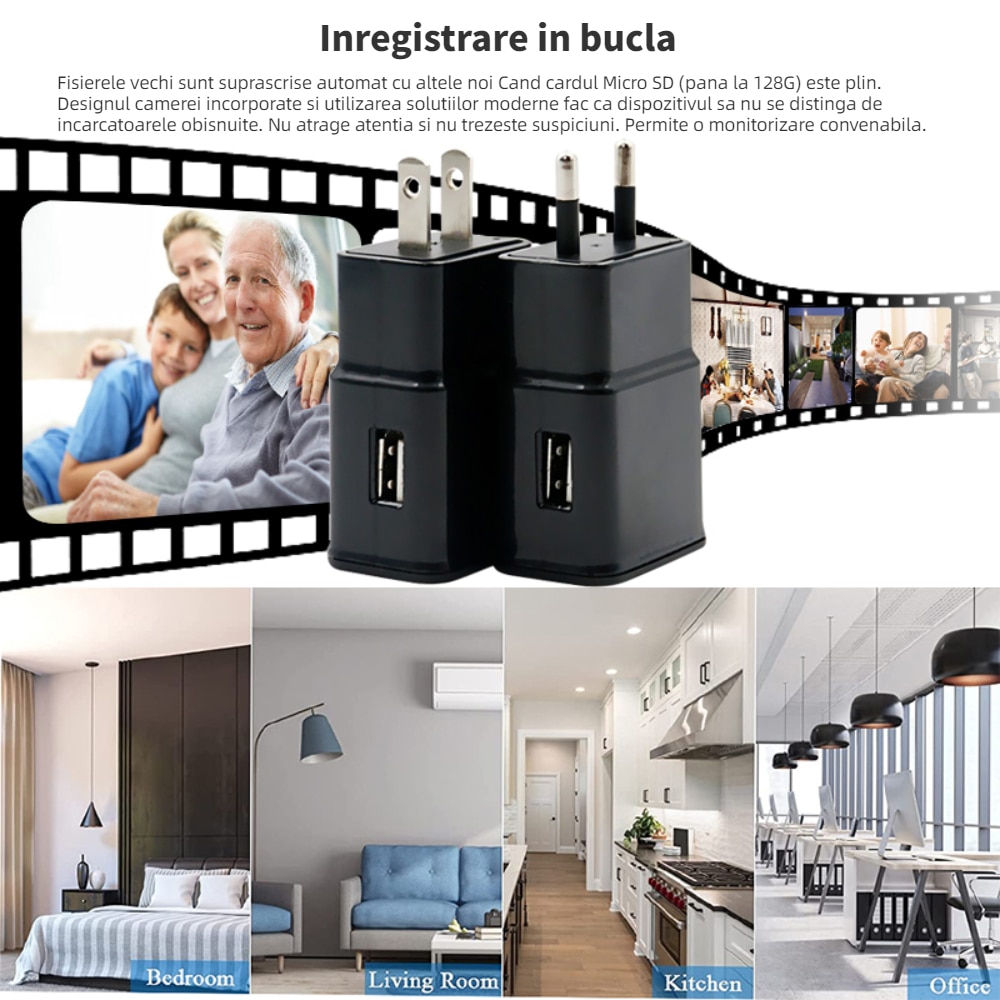 Incarcator USB cu camera spion, Full HD, Sensor de miscare, WiFi ...