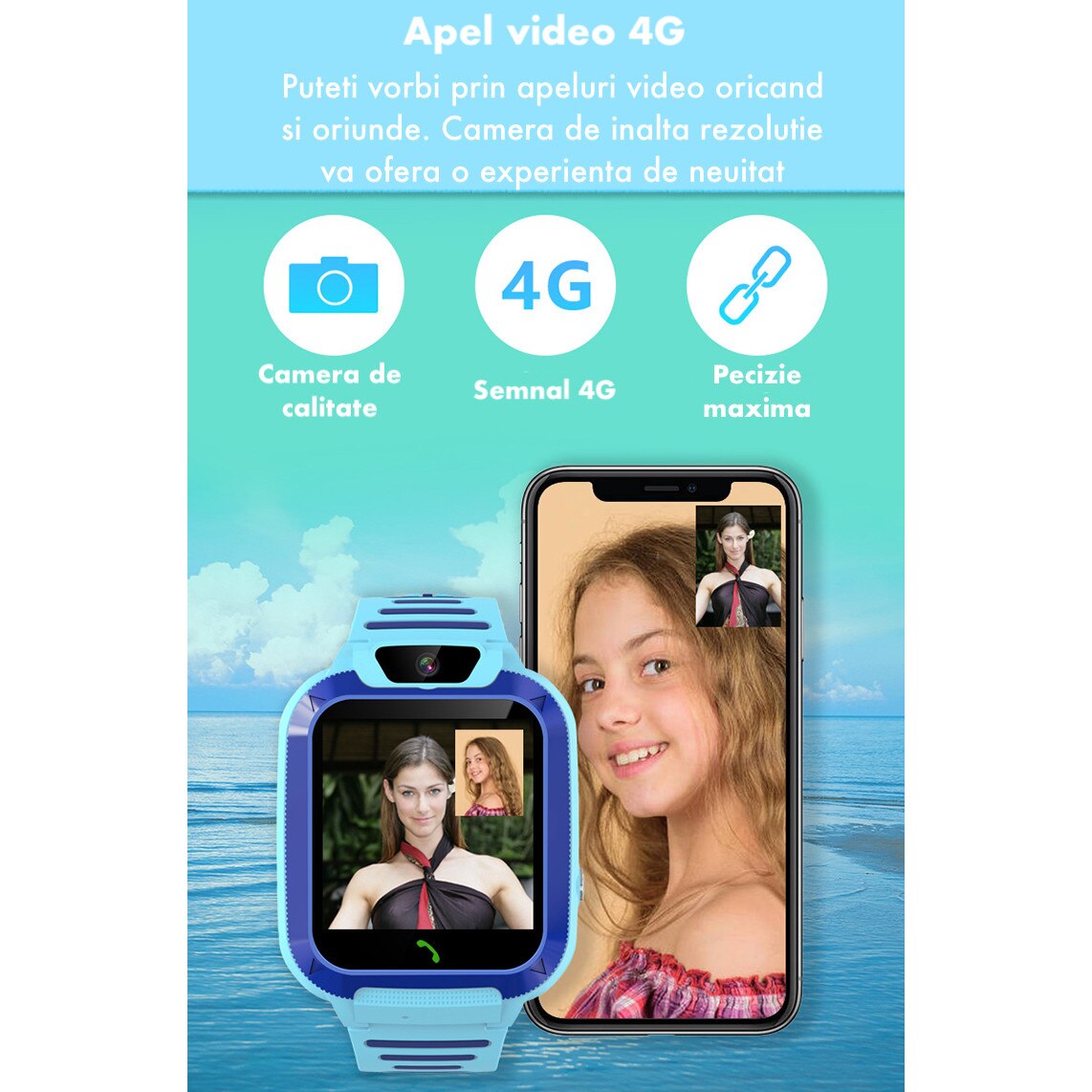 Ceas smartwatch copii GPS 4G, Merkie® DH11, cu localizare GPS, WIFI ...