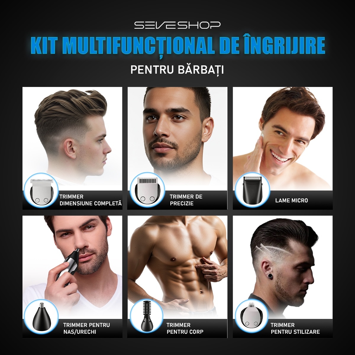 Masina de Tuns si Aparat de Ras, Profesional SeveShop - IPX7, 11 Piese ...