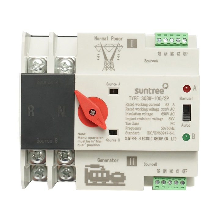 Comutator, separator automat de la panouri fotovoltaice la retea 220V ATS-2P-63A Suntree - eMAG.ro