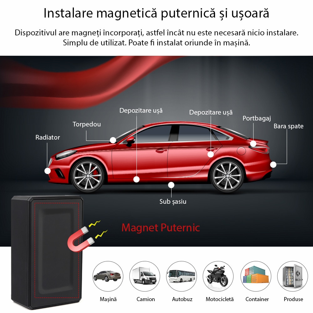 GPS tracker magnetic cu SIM card, comenzi prin SMS, cu microfon ...