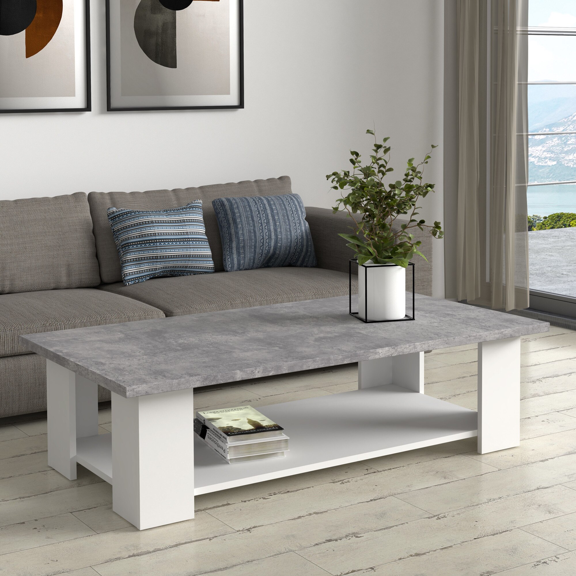 Masuta cafea Forte Coffee Tables, dimensiuni 110x 60x 31, alb/ beton ...