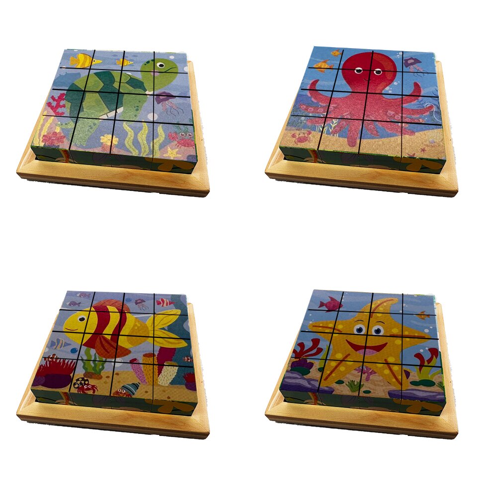 Set 16 cuburi din lemn, 6 fete, 6 povesti, Animale Acvatice,10x10cm, cu ...