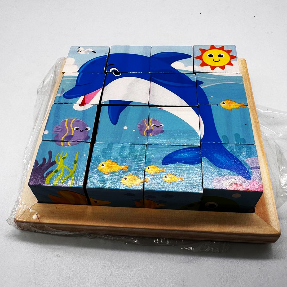 Set 16 cuburi din lemn, 6 fete, 6 povesti, Animale Acvatice,10x10cm, cu ...