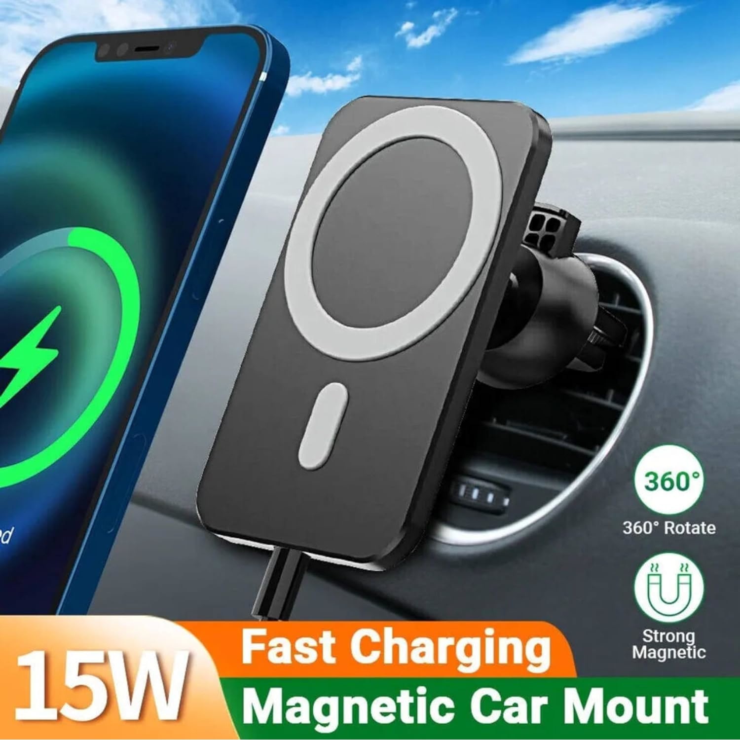 Incarcator auto wireless magnetic MagSafe, 15W Qi Fast Charging, Rotire ...