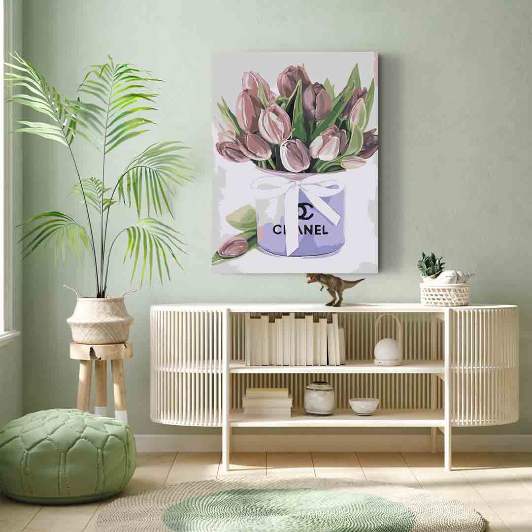 Set pictura pe numere Lalele in cutie 3487, panza bumbac pe rama lemn ...