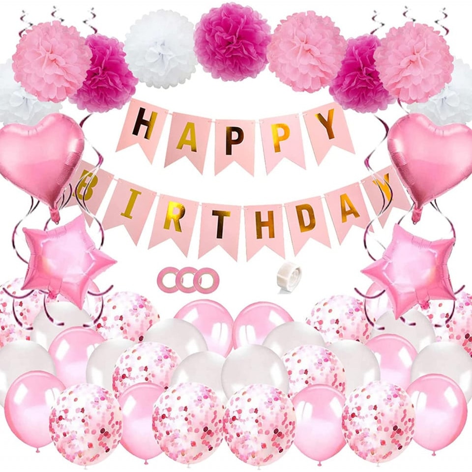 Set aniversar Jstc, latex/folie/hartie, roz, 54 piese - eMAG.ro