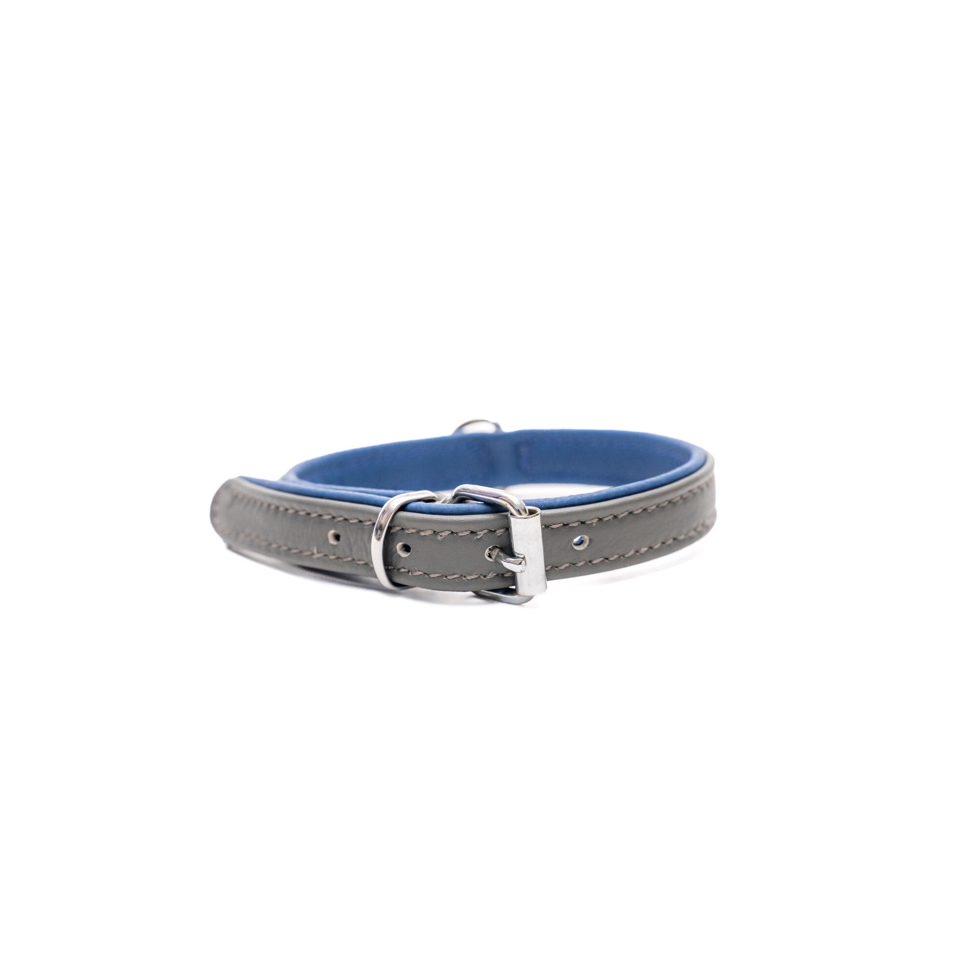 Zgarda caine Let's Glow, piele naturala dublata gri cu blue navy, 60 cm ...