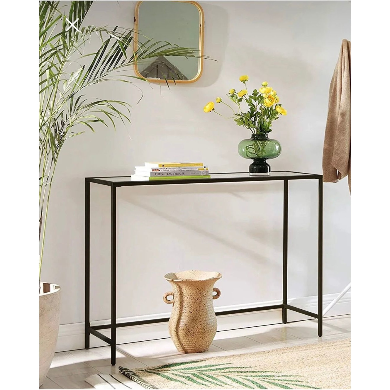 Masa consola Marsah Home, 85x90x30 cm, cadru metalic negru, sticla ...
