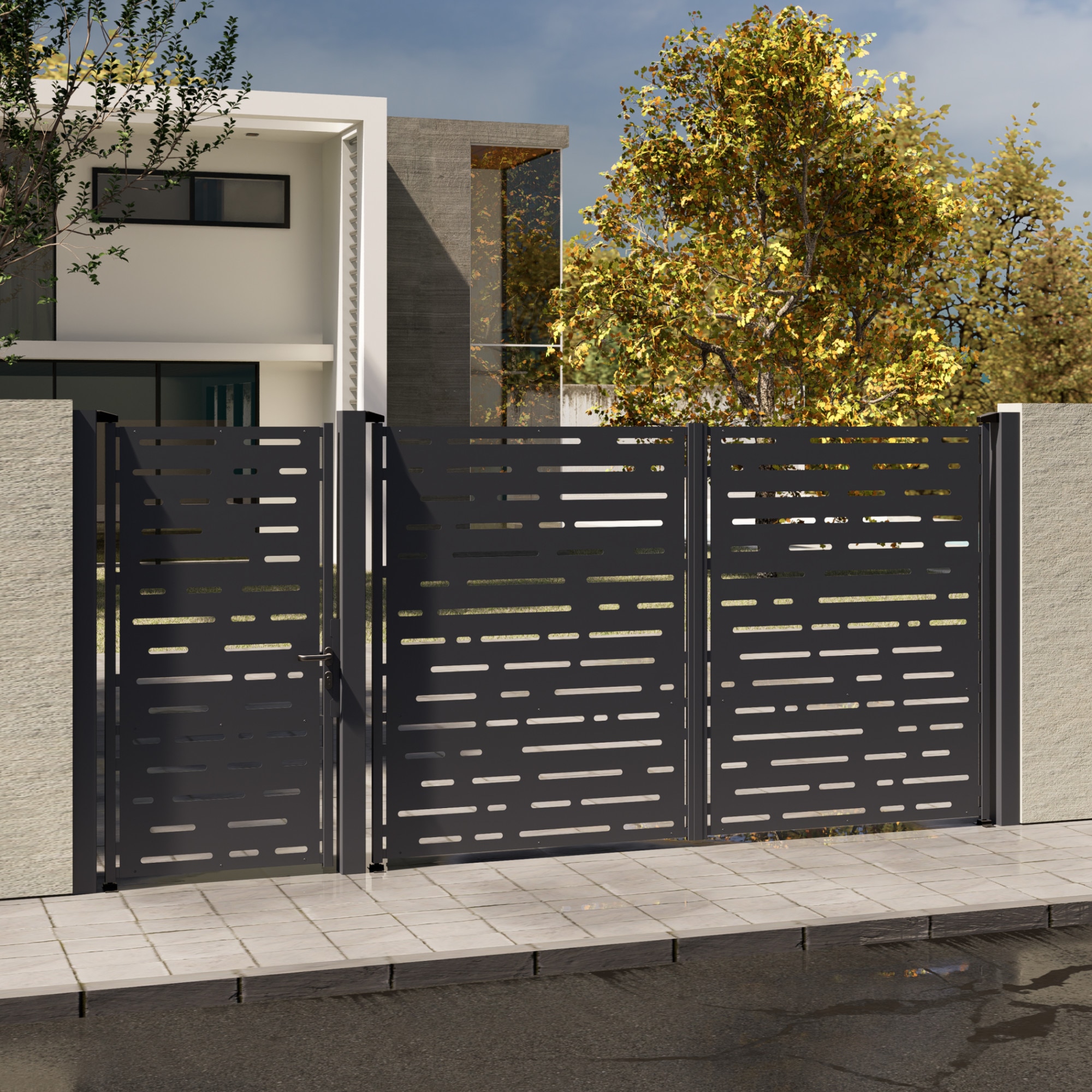 Set poarta auto si pietonala, Todome, Aluminiu 401, negru, 430 x 180 cm ...