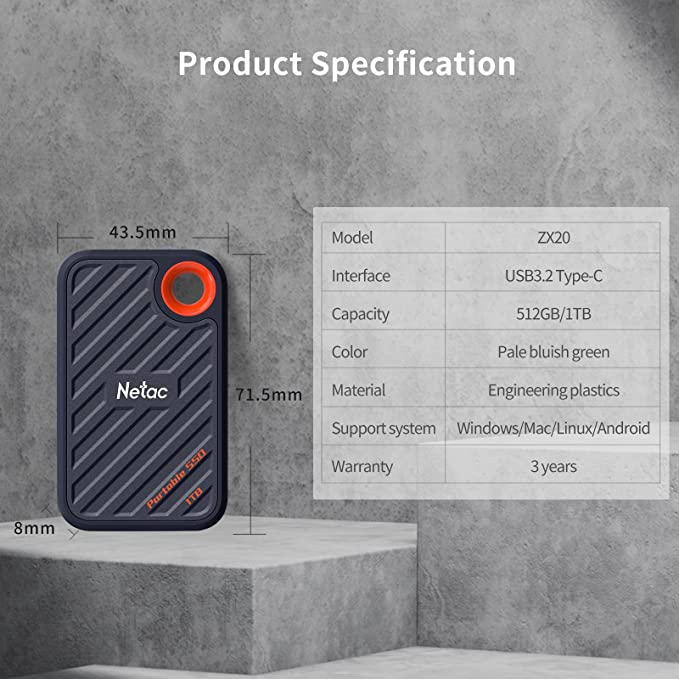 SSD extern Netac ZX20, 1TB, NVMe, USB 3.2 Gen2x2, 2000 MB/s - eMAG.ro